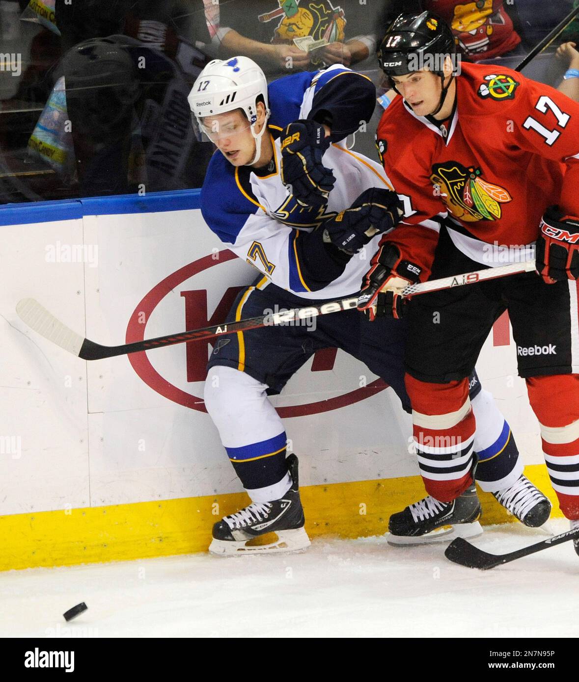 St. Louis Blues' Vladimir Sobotka (17), left, and Chicago Blackhawks ...