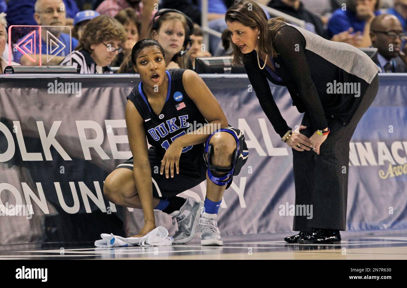 Duke head coach Joanne McCallie talks with Duke forward Richa Jackson ...