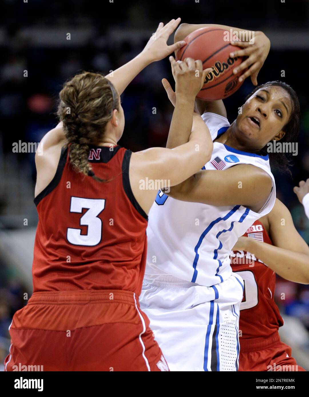 Duke forward Richa Jackson (15) and Nebraska forward Hailie Sample (3 ...