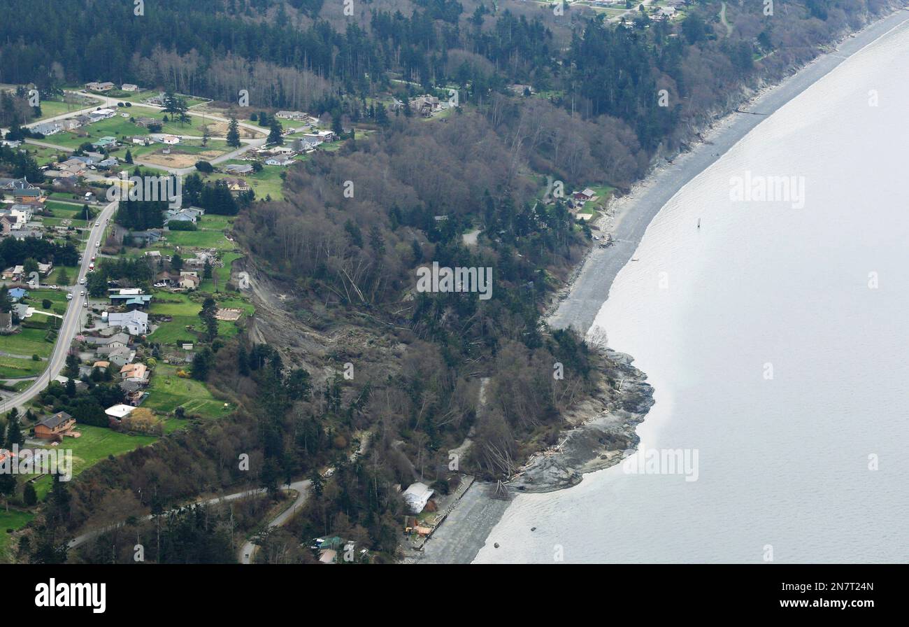 An aerial photo shows a landslide near Coupeville, Wash. on Whidbey ...