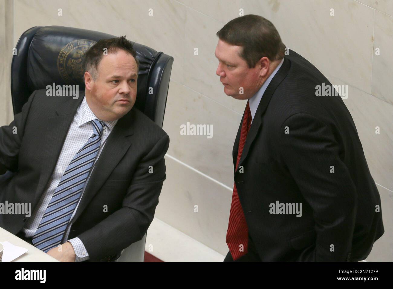 Sen. Bryan King, R-Green Forest, right, speaks with Arkansas Lt. Gov ...