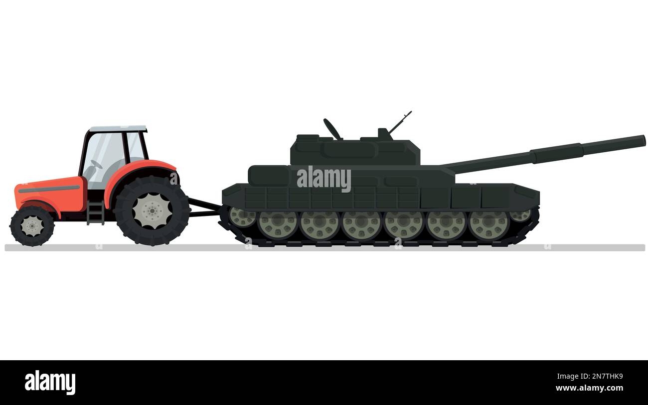 Ein Traktor zieht einen großen grünen Kampfpanzer, der einen ...