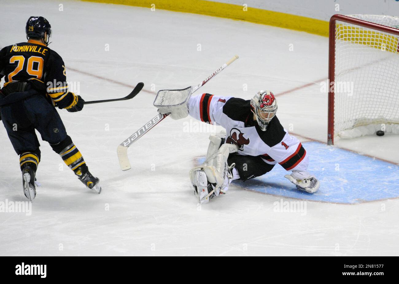 Buffalo Sabres right winger Jason Pominville (29) scores on New Jersey ...