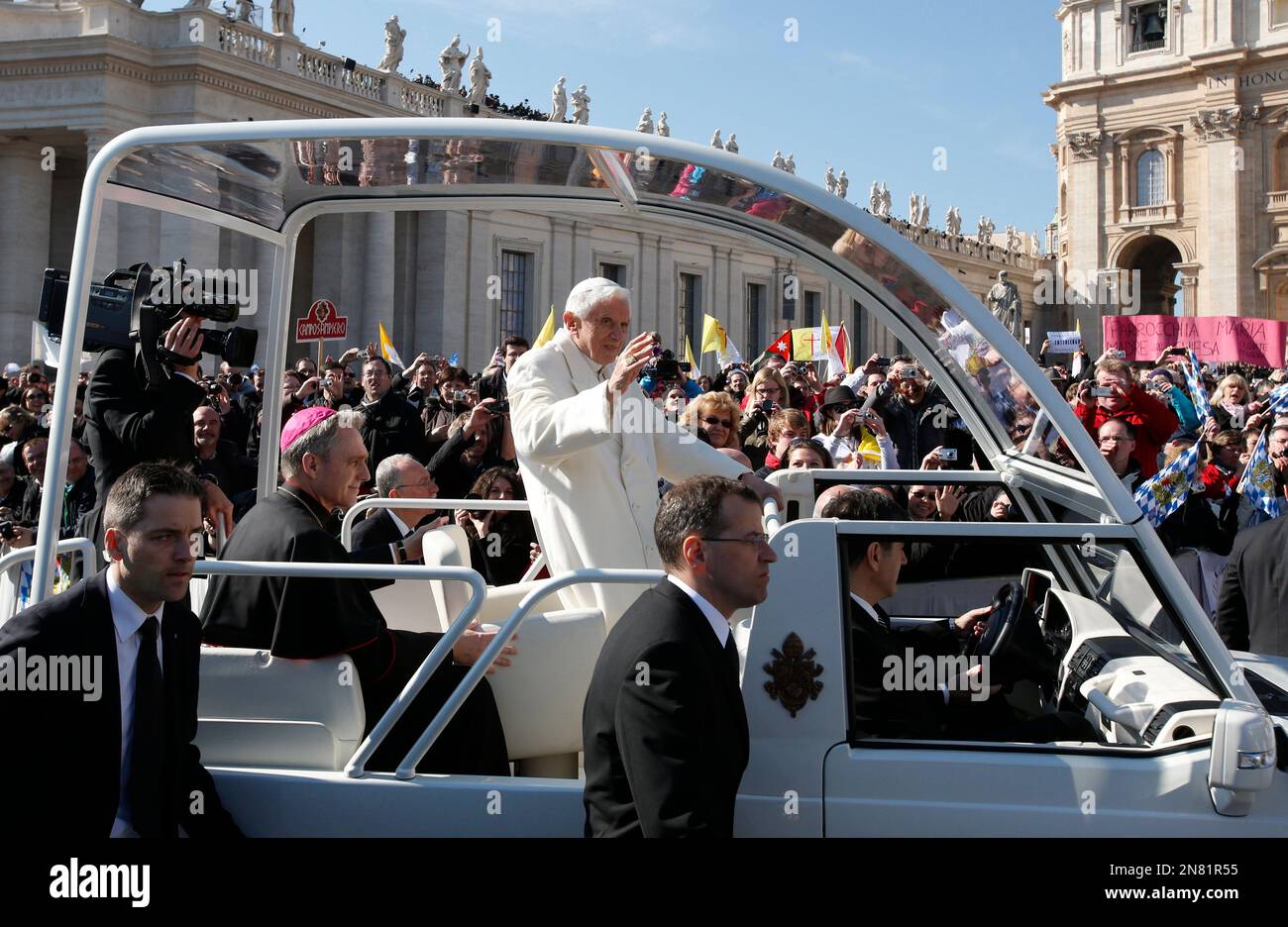 Pope Benedict XVI greets pilgrims in St. Peter's Square at the Vatican ...