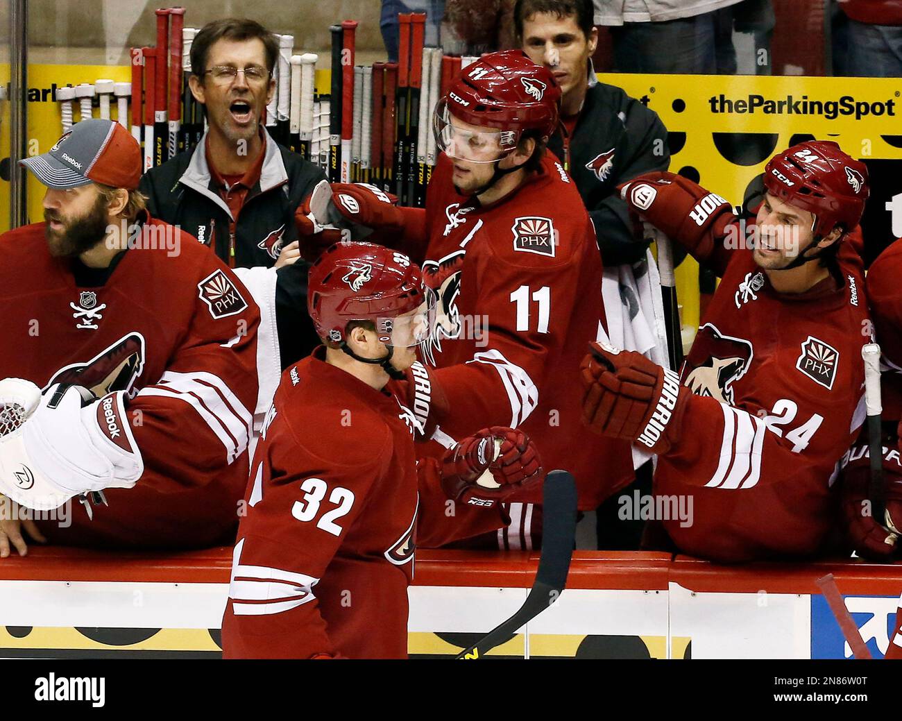 Phoenix Coyotes' Nick Johnson (32) celebrates his goal against the ...