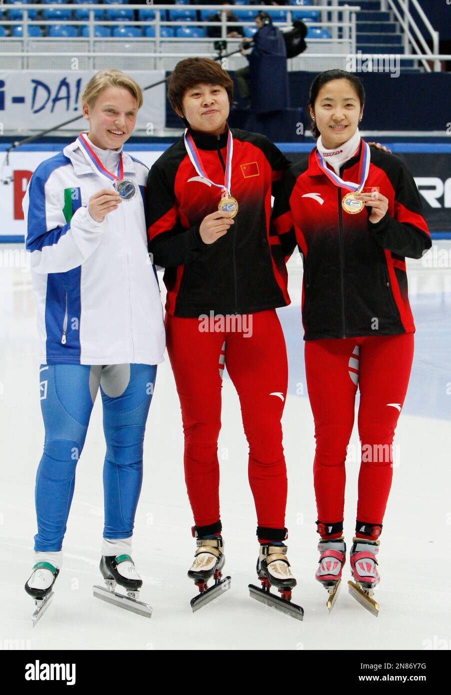 From left, Italy's second-placed Ariana Fontana, China's winner Wang ...
