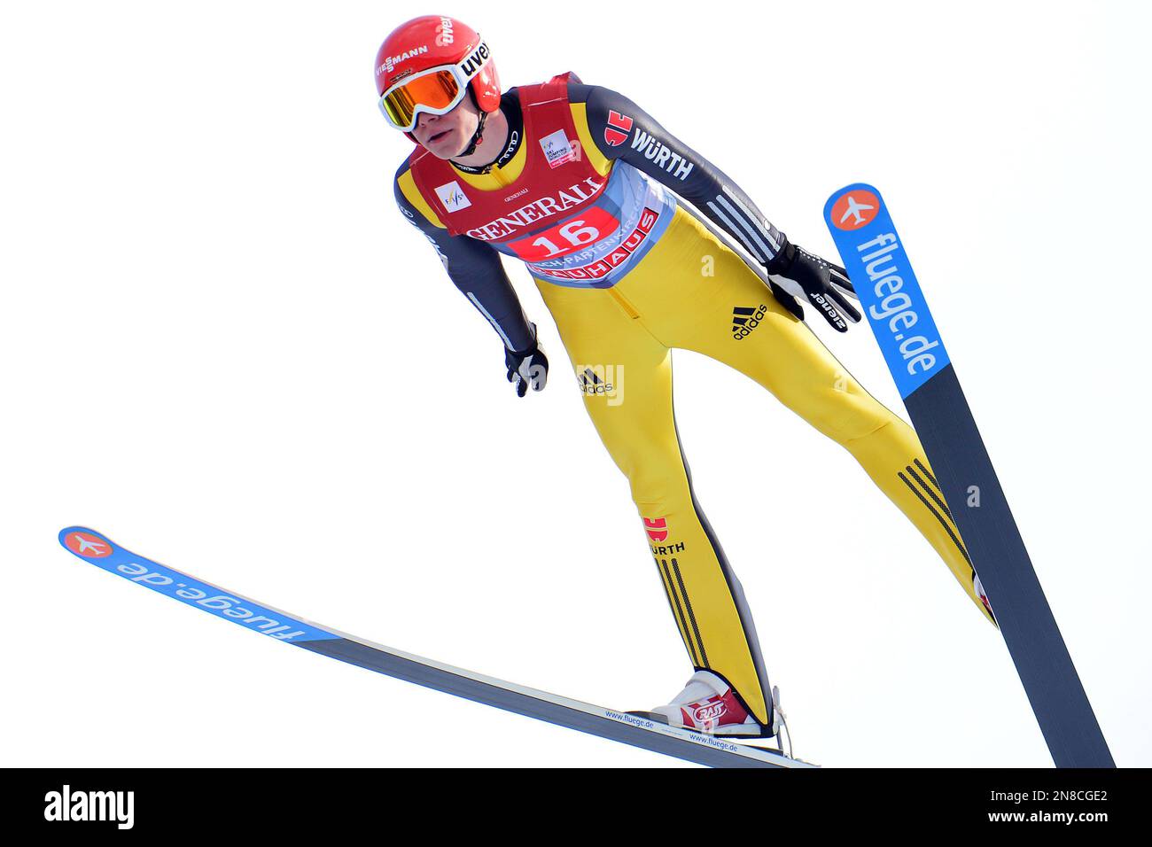 Germany's Andreas Wellinger soars through the air during the trial jump ...