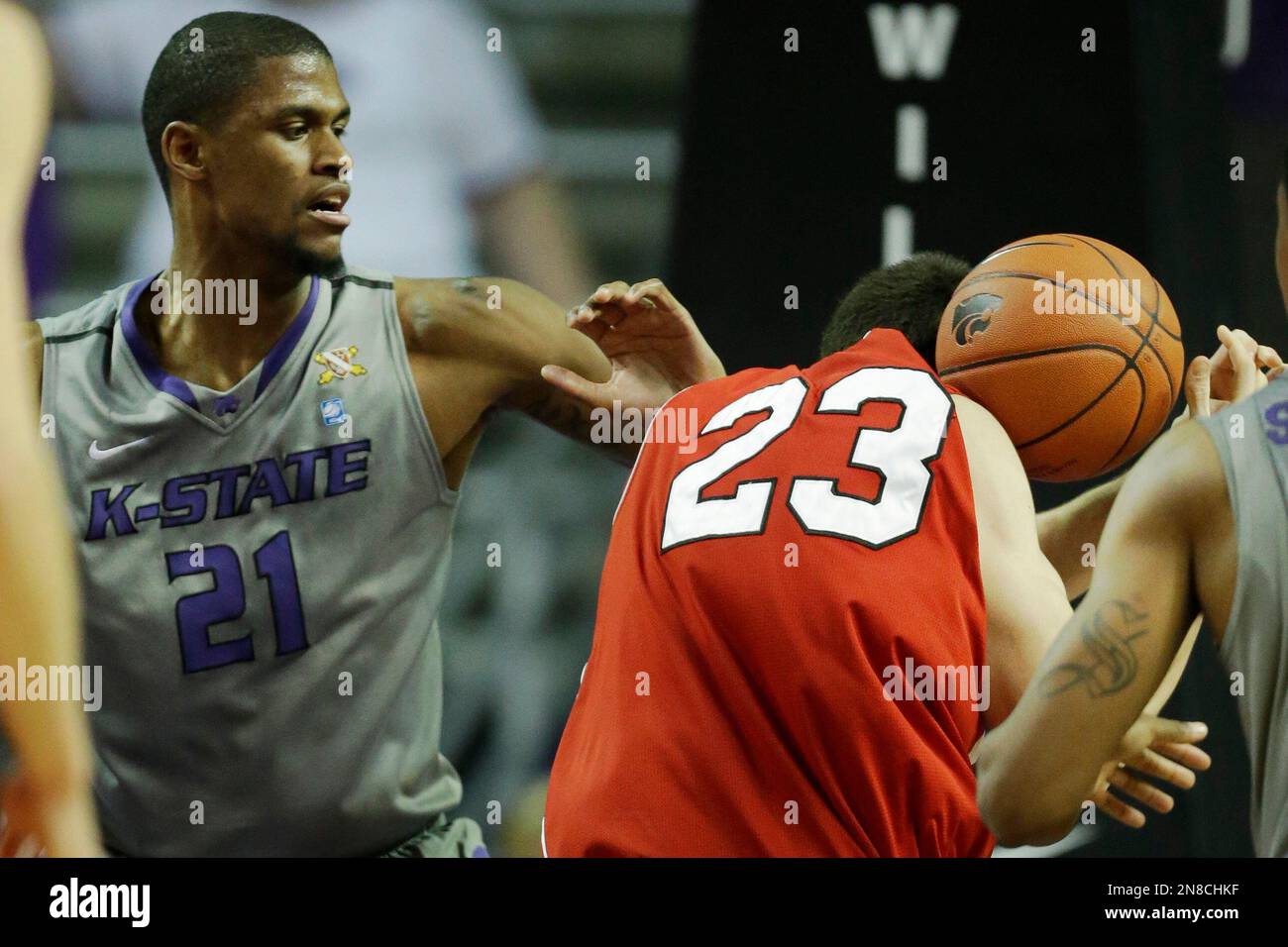 Kansas State forward Jordan Henriquez (21) watches the ball hit South ...