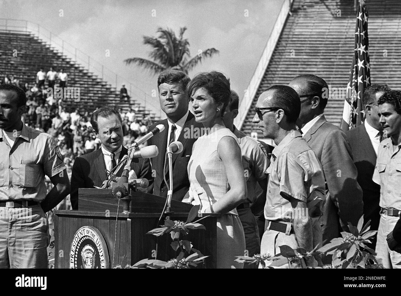 Jacqueline Kennedy speaks in Spanish at a ceremony in Miami on Dec. 29 ...