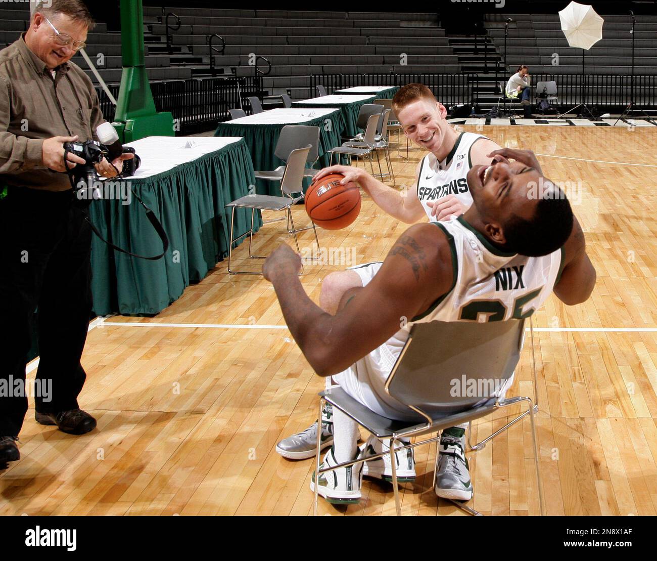 Michigan State's Derrick Nix, right, and Russell Byrd laugh as they are ...