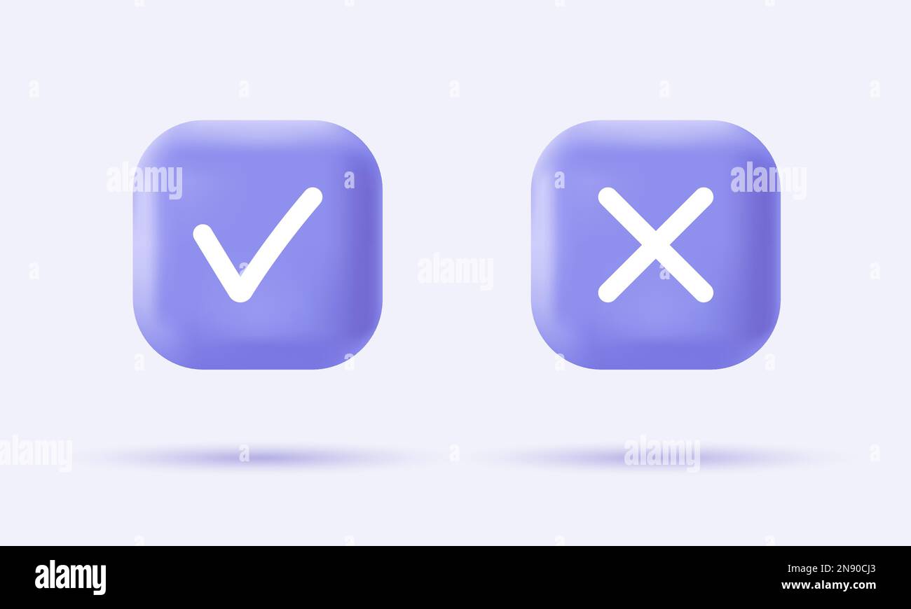 3D Häkchen- und Kreuzmarkensymbol auf realistisch violetten Tasten. Ja ...
