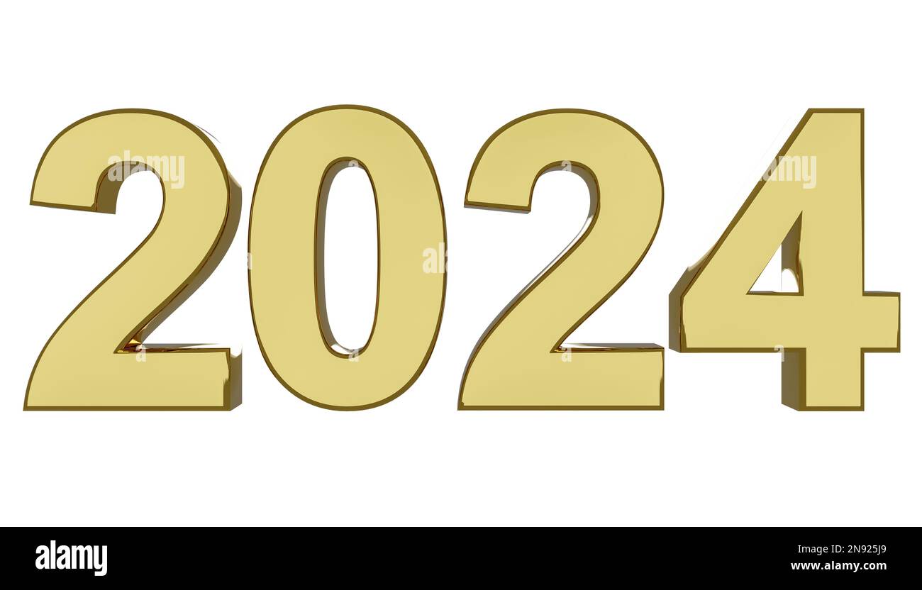 Neujahr 2024. Golden 2024 isoliert auf weißem Hintergrund. Starten Sie ...