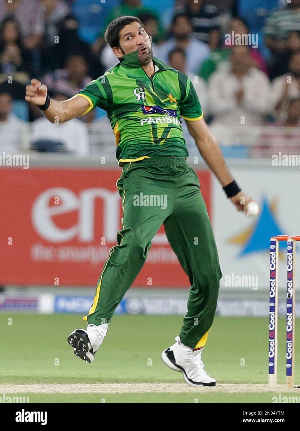 Pakistan’s bowler Sohail Tanvir bowls a delivery during the first cricket T20 cricket match of a ...