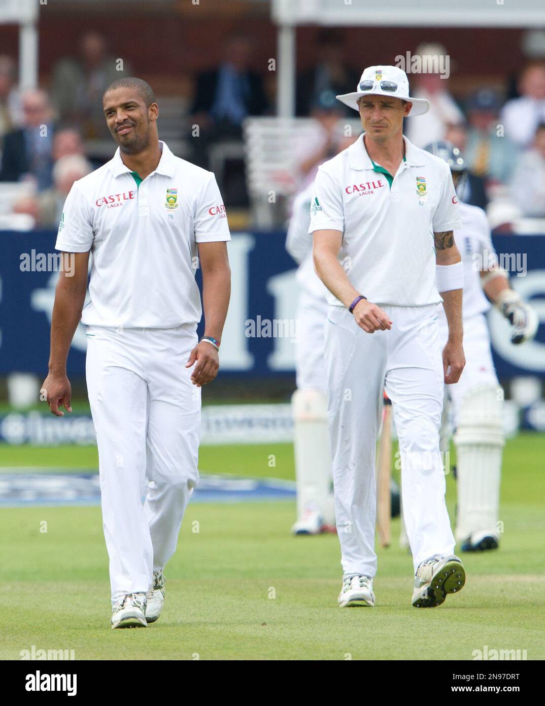 South Africa's Vernon Philander, left, and Dale Steyn smile after the ...
