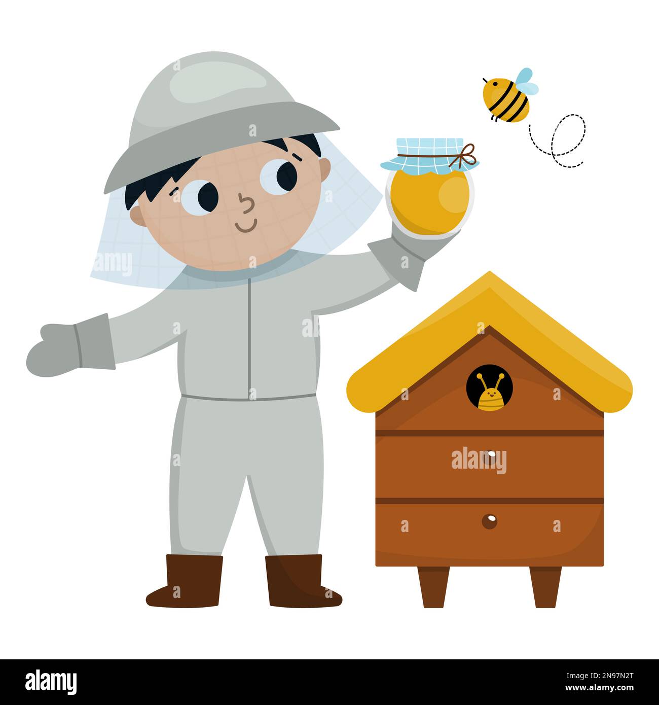 Vektor-Imker mit Honigglas, Biene, Bienenstock. Süßes Kind, das ...