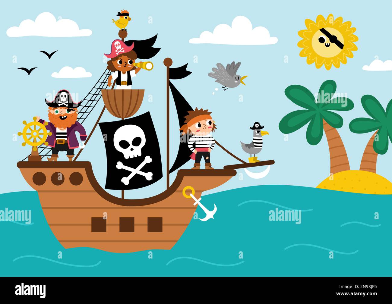 Vektor-Piratenschiff-Szene. Jägerschiff mit Piraten, das mit Palmen zur ...