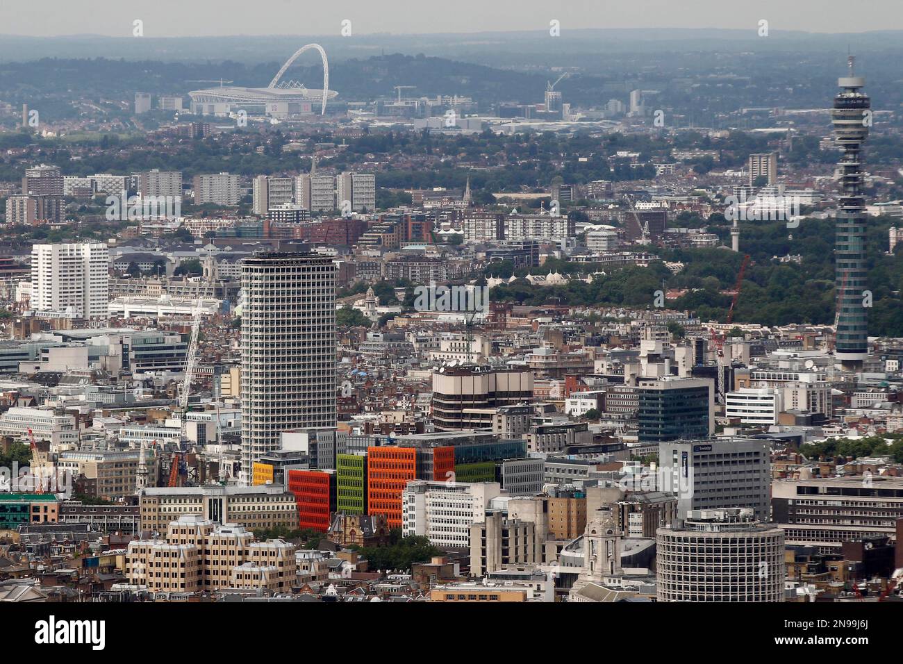 Wembley Stadium, top left, BT Tower, right, are seen in a view from ...