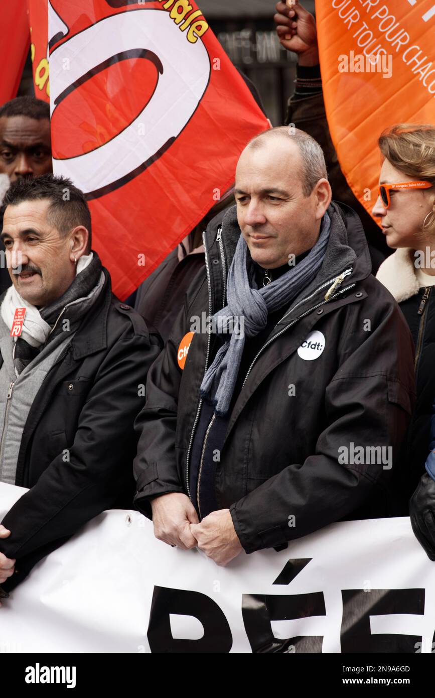 Paris, Frankreich. 11. Februar 2023. Frédéric Souillot (FO) und Laurent ...