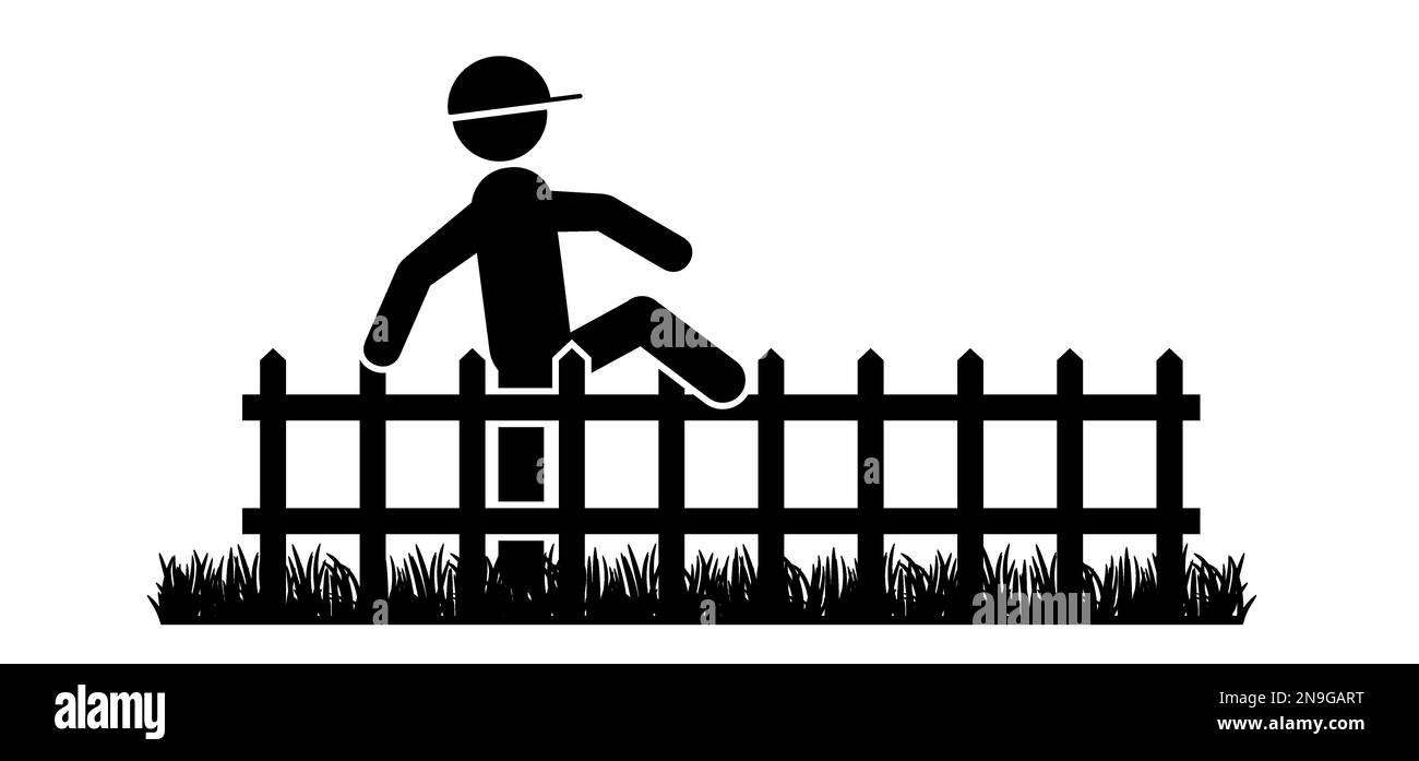 Cartoon, bitte klettere nicht auf die Zaunbalustrade. Stickman, Steck ...