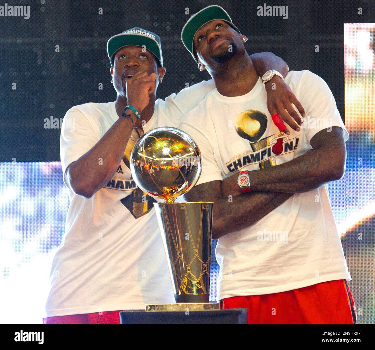 Miami Heat players Dwyane Wade, left, and LeBron James stand together ...