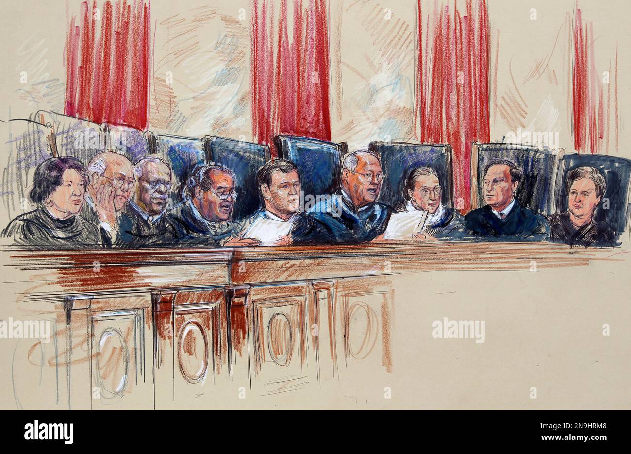 This artist rendering shows Supreme Court Justices from left, Sonia Sotomayor, Stephen Breyer ...
