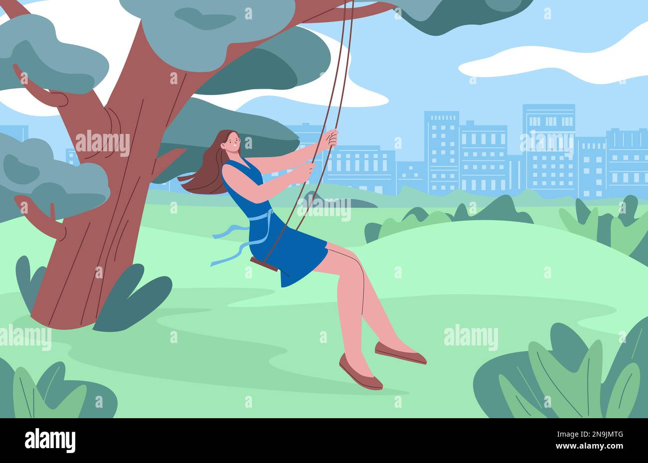 Mädchen auf Schaukeln im Stadtpark. Ruhige Erholung in der Natur ...