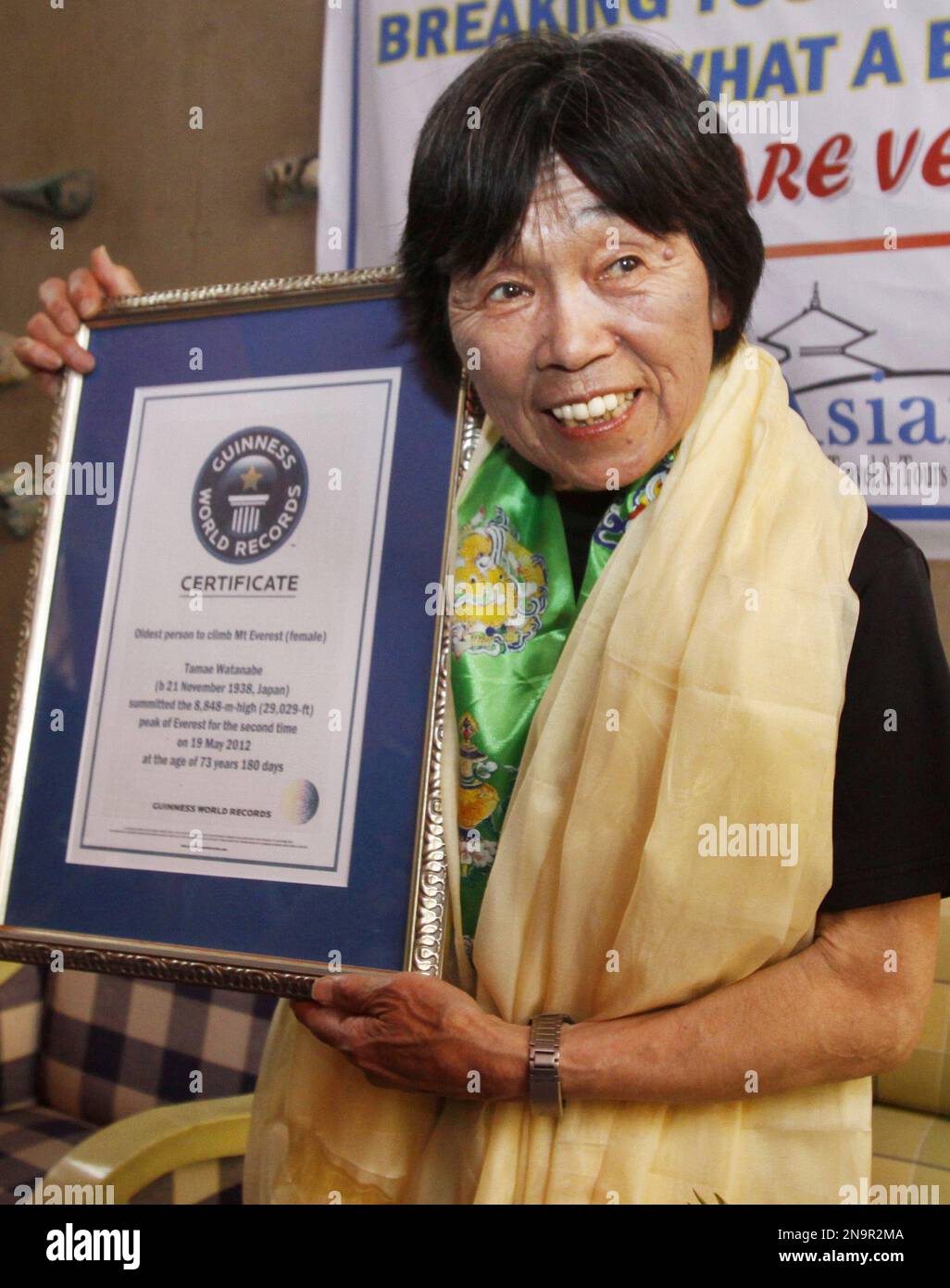 Oldest woman climber of Mount Everest, Tamae Watanabe of Japan, poses ...