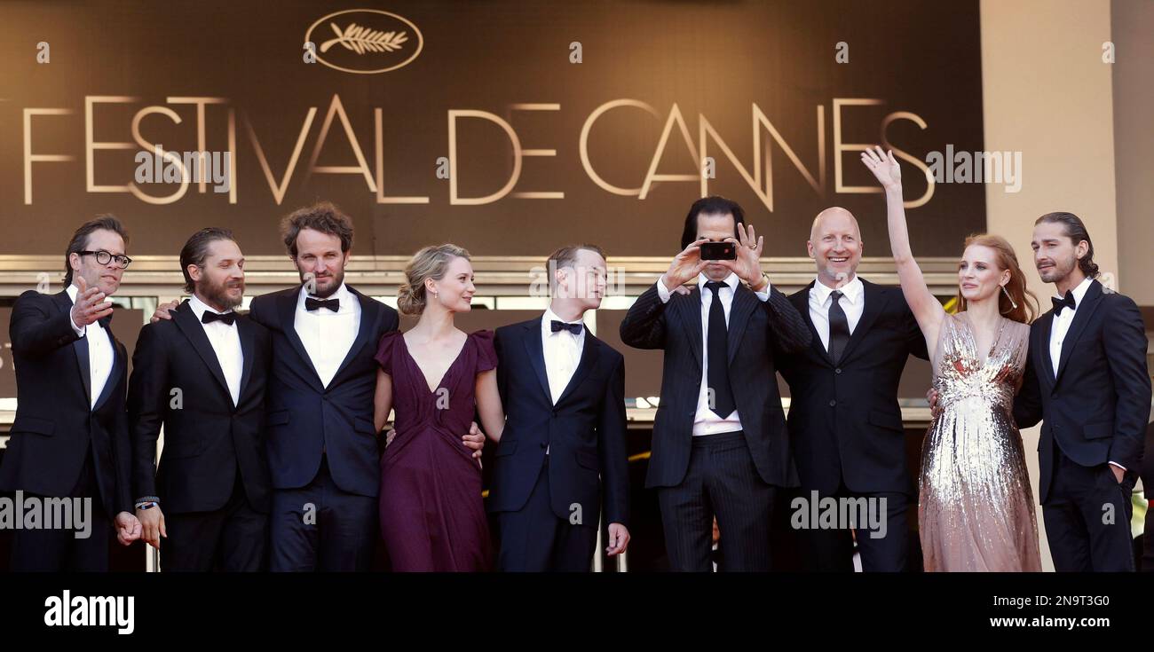 From left, actors Guy Pearce, Tom Hardy, Jason Clarke, Mia Wasikowska ...