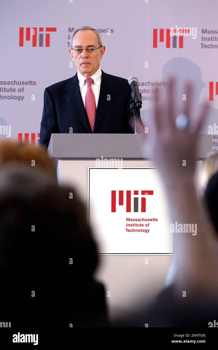 L. Rafael Reif calls on a questioner as he addresses a news conference ...