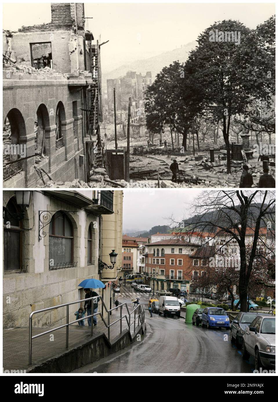 FILE - This composite of file photos shows the destroyed center of the ...