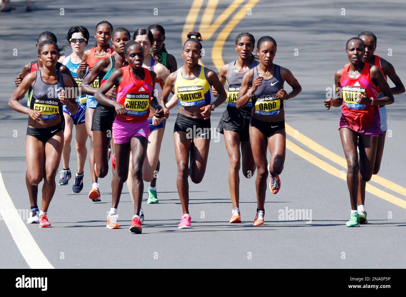 Elite women runners, including Genet Getaneh, left, of Ethiopia; Sharon ...