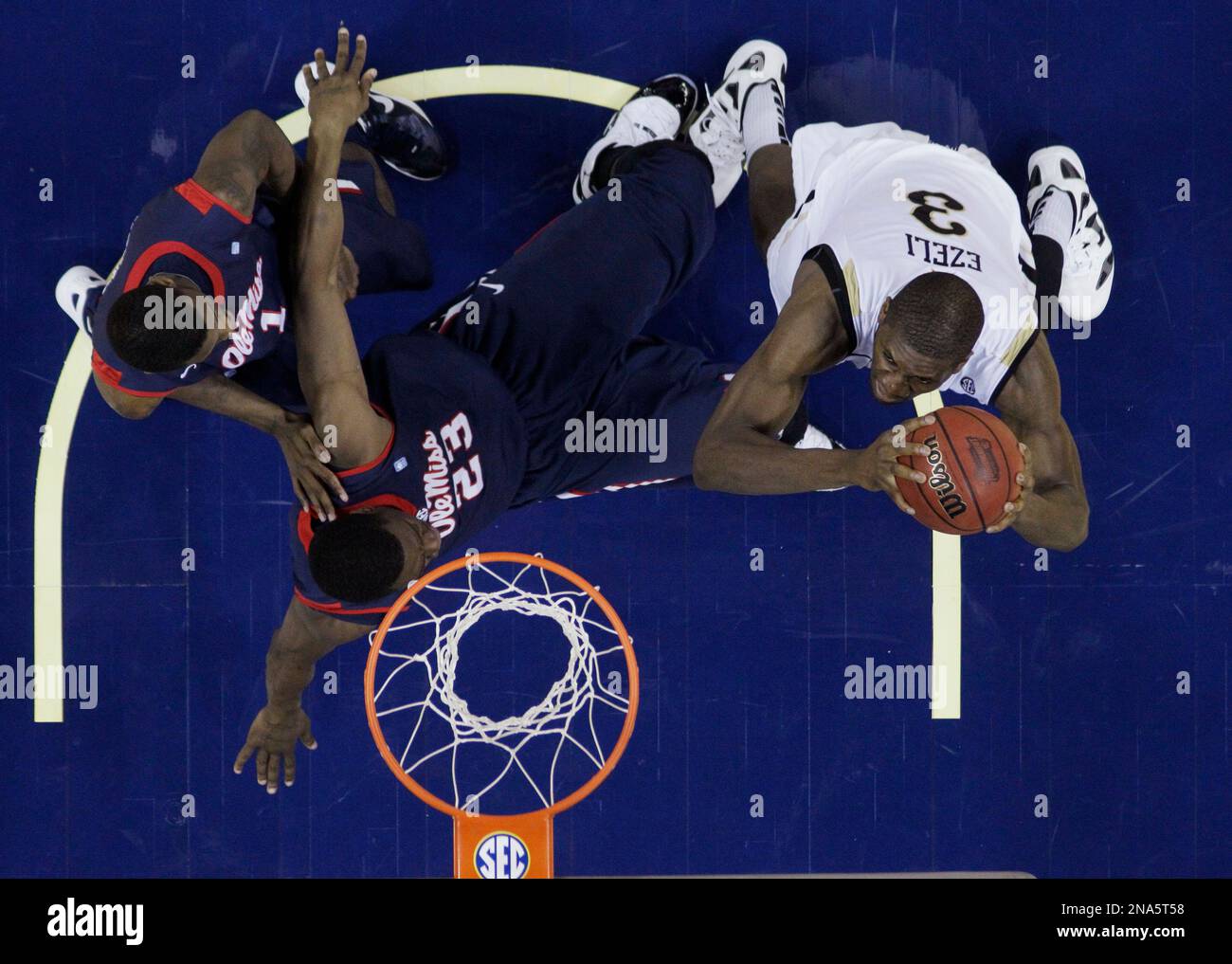 Vanderbilt center Festus Ezeli (3) goes to the basket as Mississippi ...