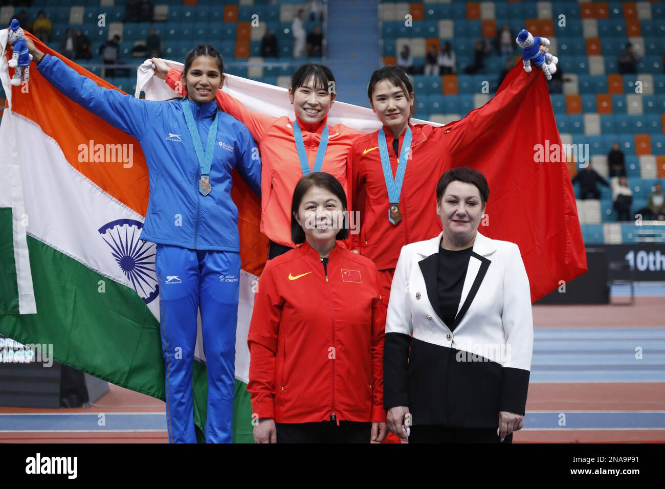 Astana, Kasachstan. 12. Februar 2023. (Von L ro R, oben) Jyothi Yarraji aus Indien, Aoki Masumi ...