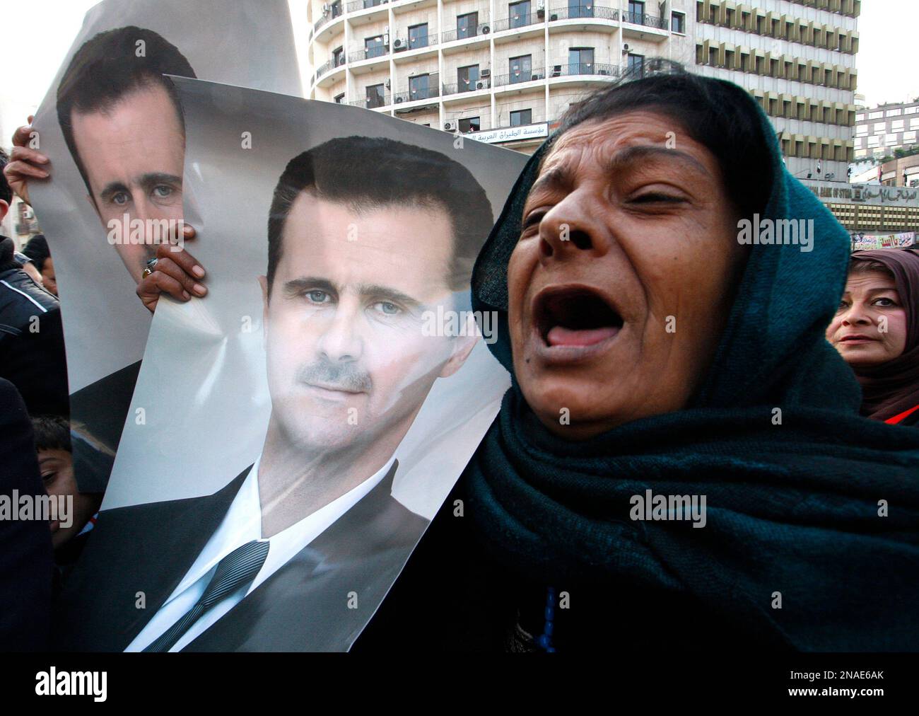 Pro-Syrian regime protesters, shout slogans and holds portrait of ...