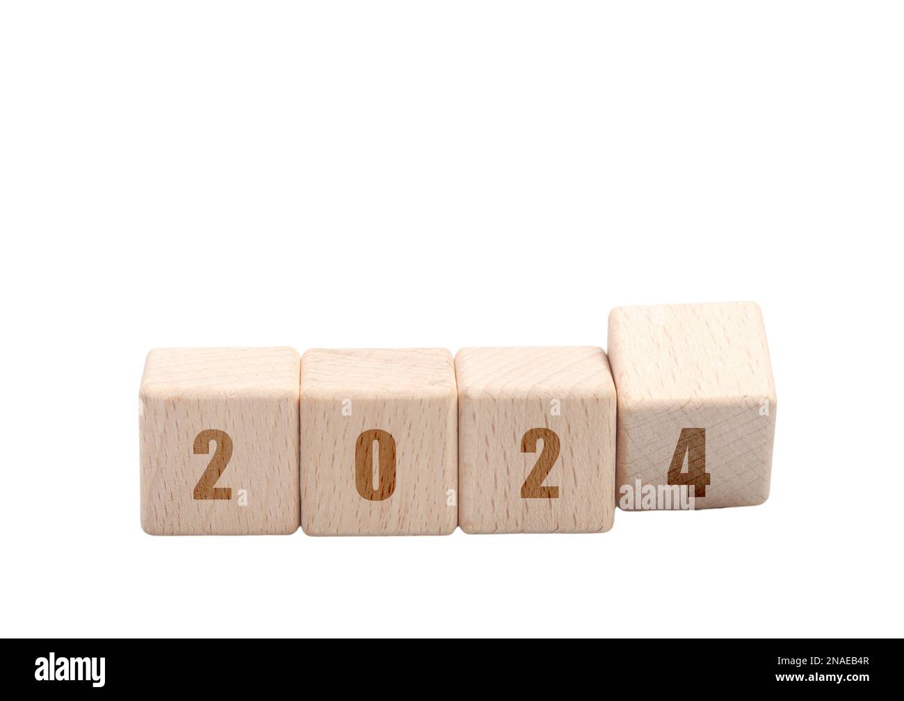 Frohes neues Jahr 2024, vertikaler Holzwürfel oder -Quadrat mit der ...