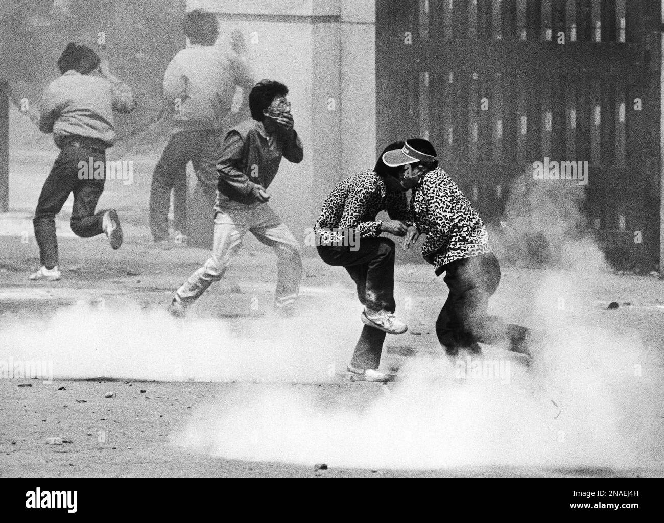South Korean students are shrouded in clouds of tear gas which riot ...