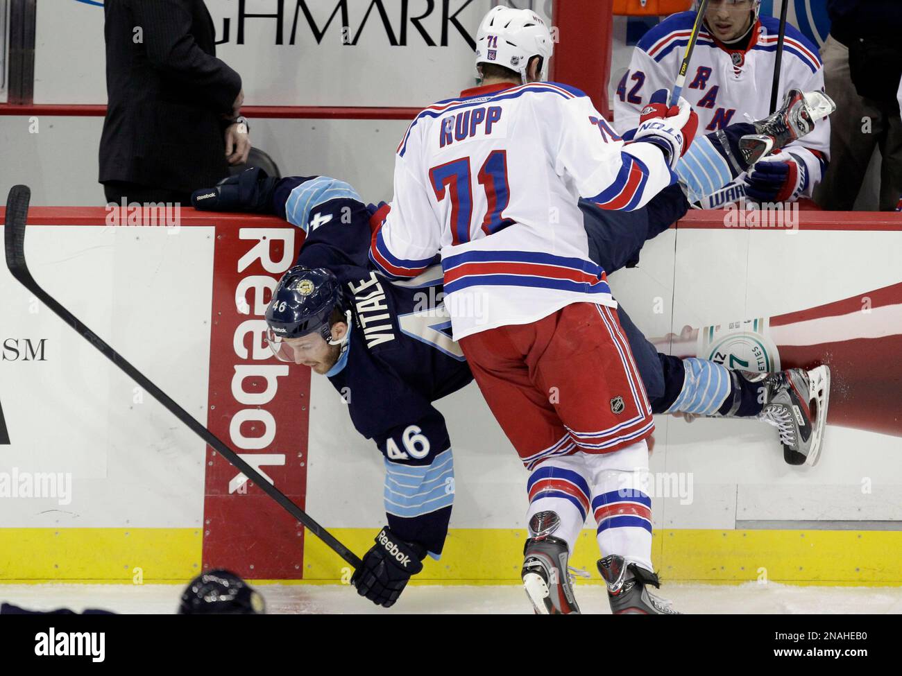 Pittsburgh Penguins' Joe Vitale (46) collides with New York Rangers ...
