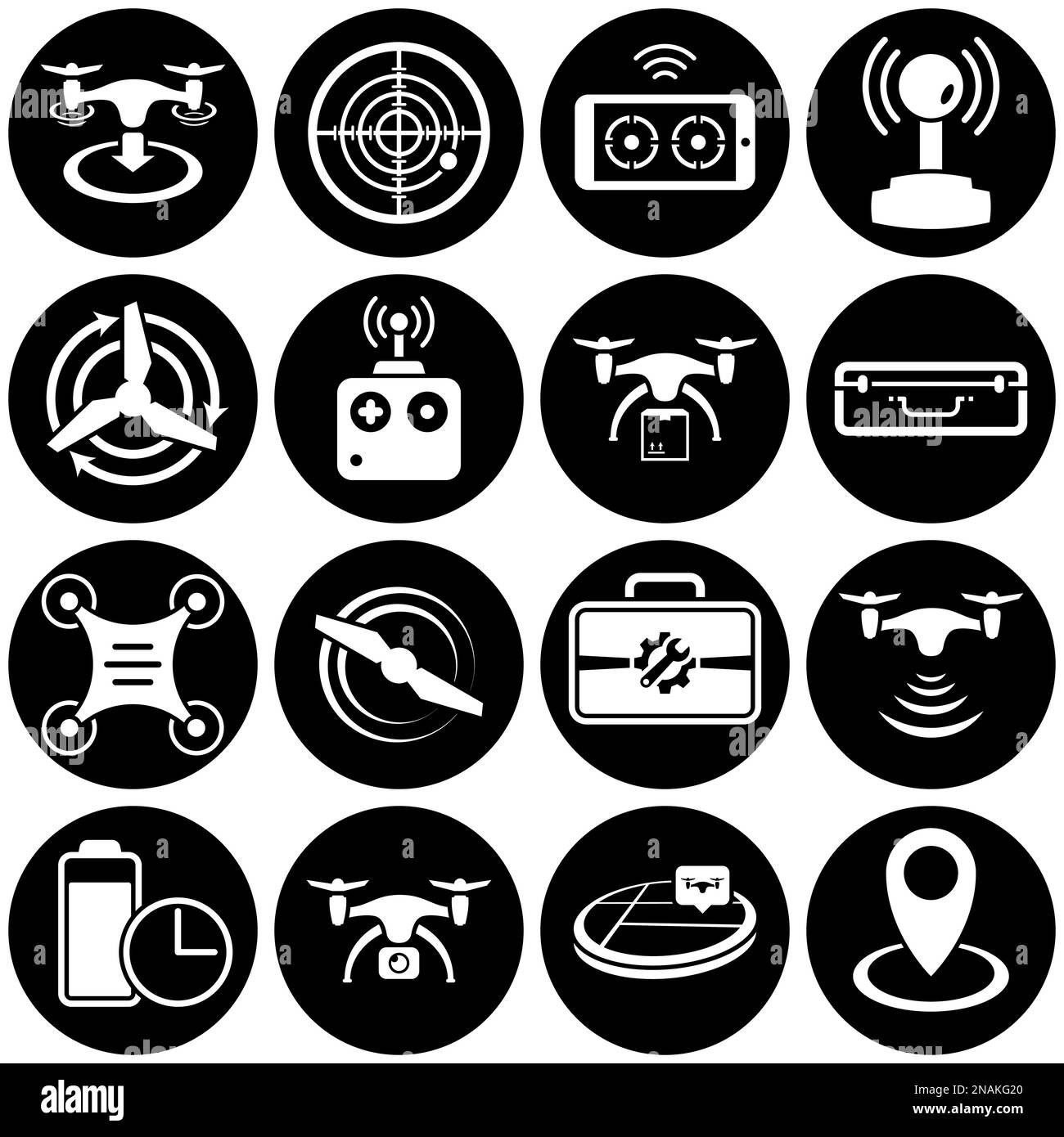 Ein Satz einfacher Symbole auf einer Drohne, einem Vektor, Design, Sammlung, flach, zeichen ...