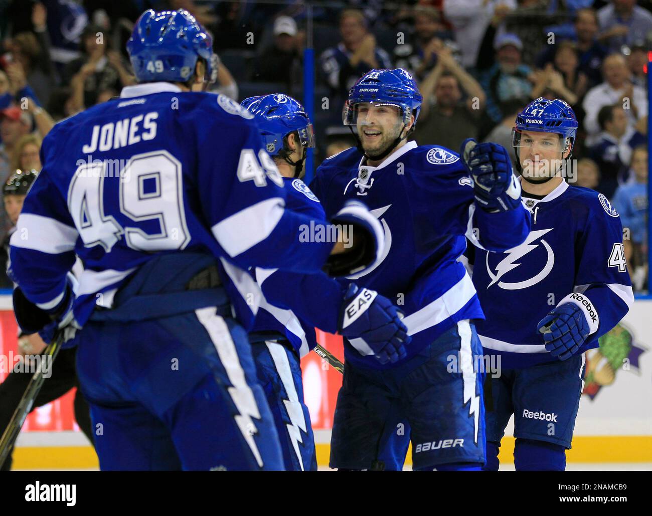 Tampa Bay Lightning left wing Tom Pyatt, second from right, celebrates ...