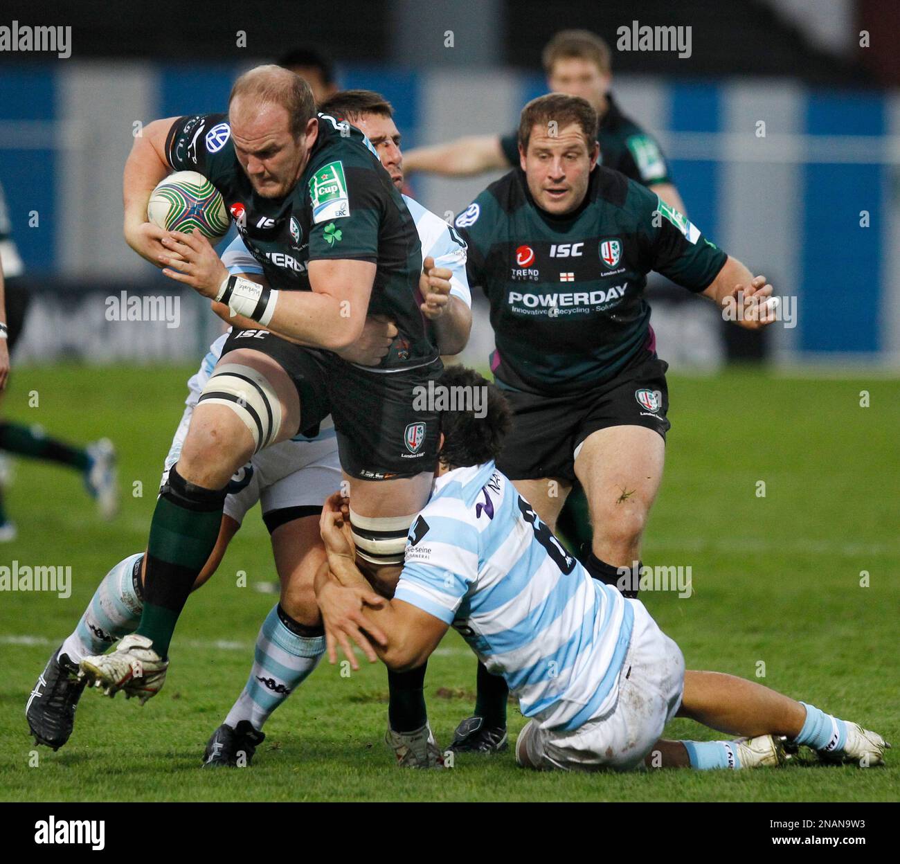 Racing Metro 92 player Antoine Battut, on the ground, tackles London ...