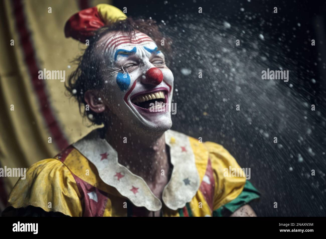 Das Bild eines schönen, lächelnden Clowns mit Freudentränen im Gesicht ...