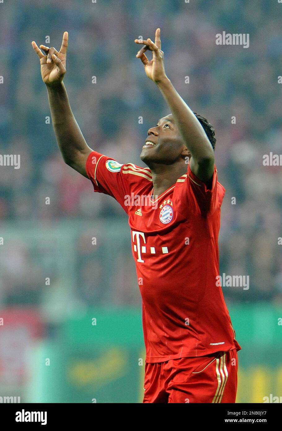 Munich's David Alaba of Austria celebrates after scoring during the ...