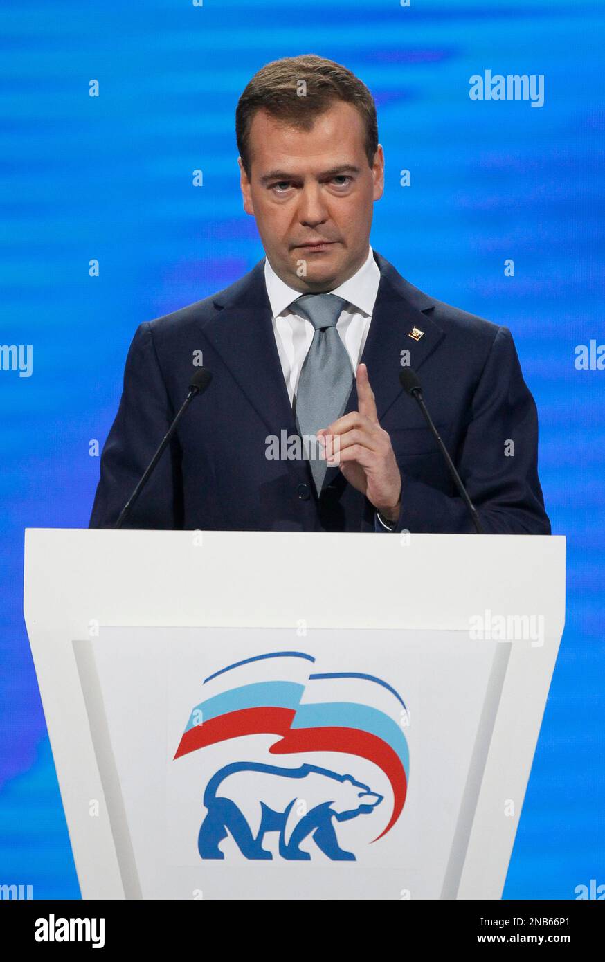 Russian President Dmitry Medvedev addresses to the United Russia party ...