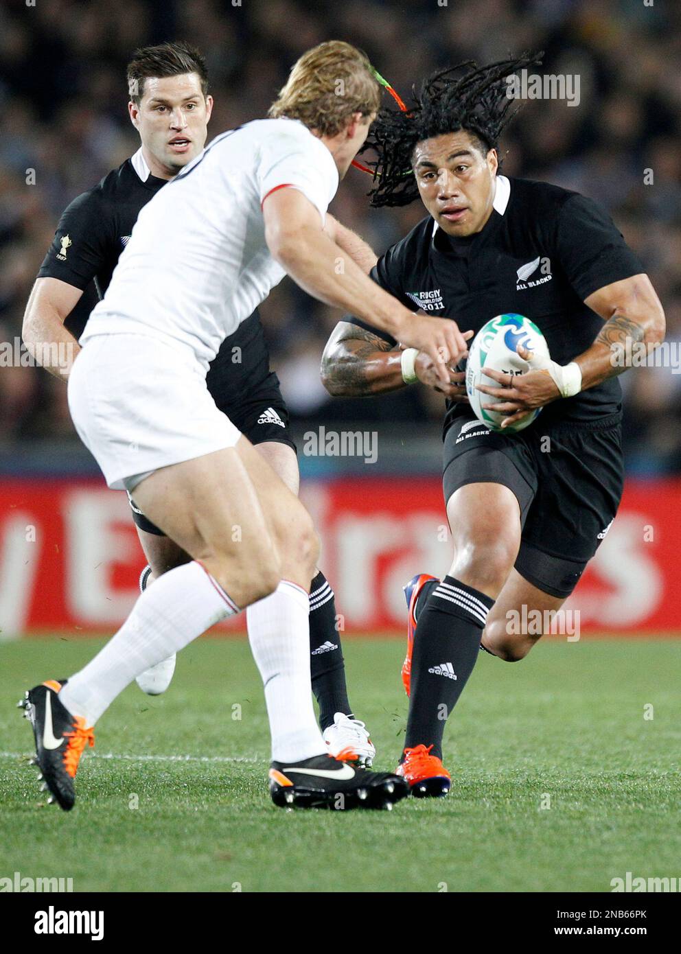 New Zealand All Blacks Ma'a Nonu, right, runs at France's Aurelien ...
