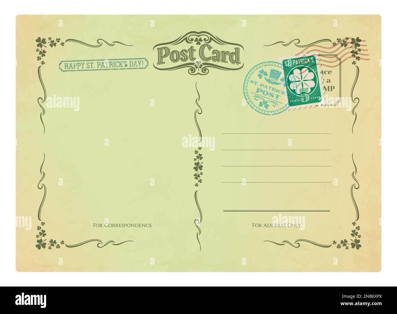Antike Postkarte von Saint Patrick, Briefmarke auf Vintage-Post. Vector ...