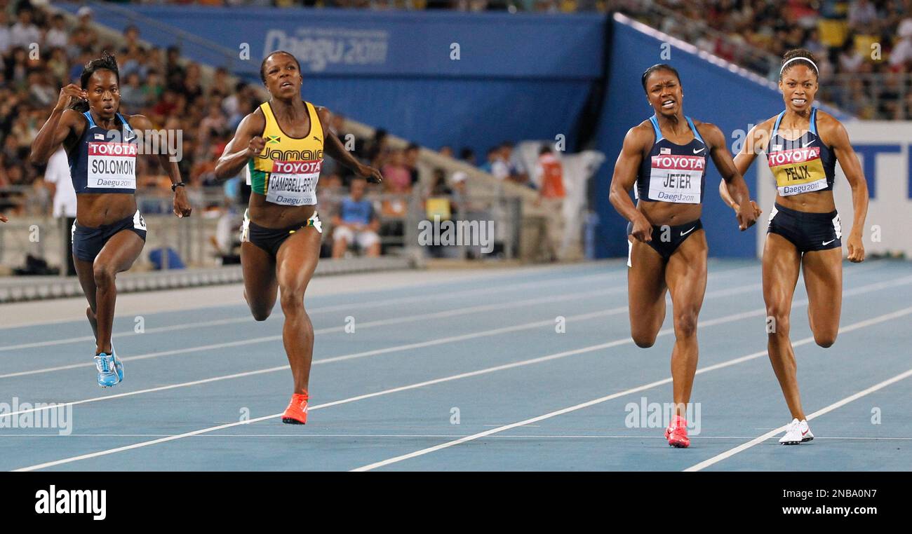 USA's Shalonda Solomon, left, Jamaica's Veronica Campbell-Brown, second ...