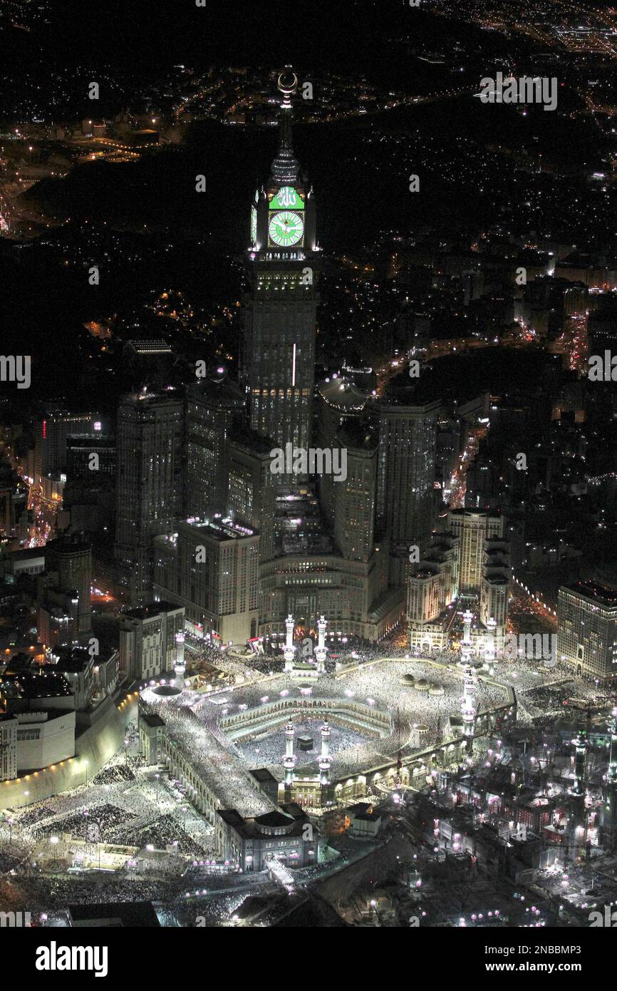 A general view shows the four-faced clock, atop the Abraj Al-Bait ...