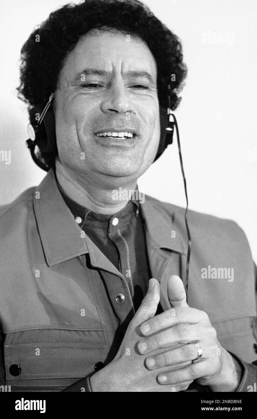 Libyan leader Col. Muammar Muhammad al-Gaddafi speaking at a press ...