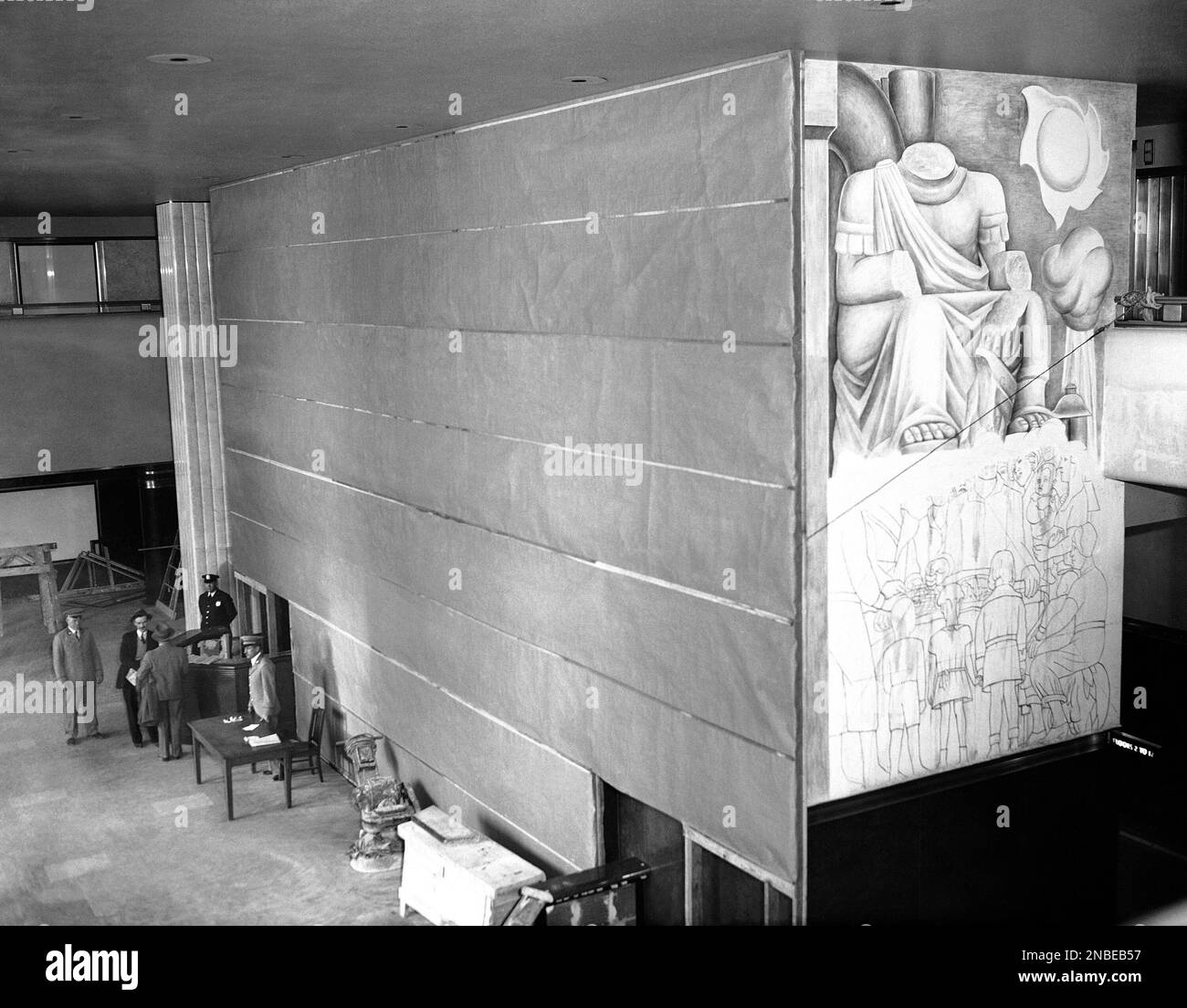A screen covering the offending portion of Diego Rivera’s mural in the ...