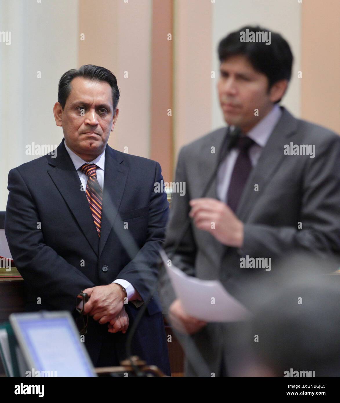 State Sen. Kevin de Leon, D- Los Angeles, right, talks in support of a ...